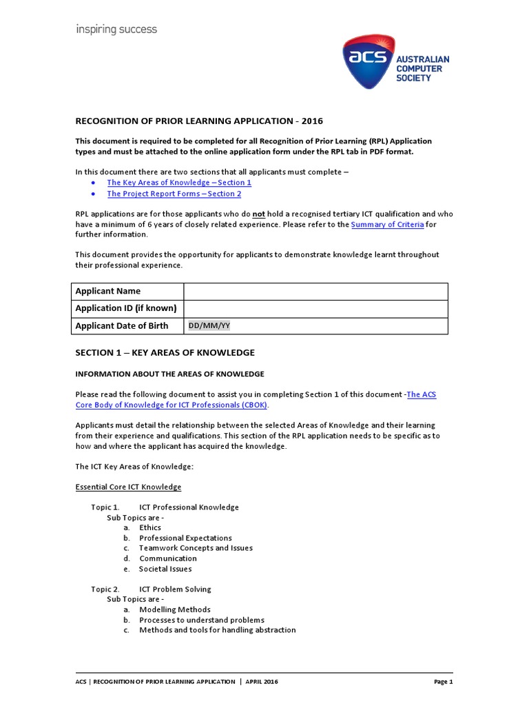 RPL Sample For ACS | Educational Technology | Knowledge