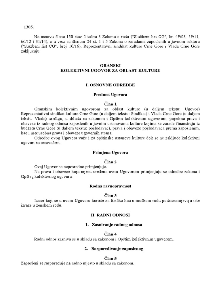 Granski Kolektivni Ugovor Za Oblast Kulture | PDF