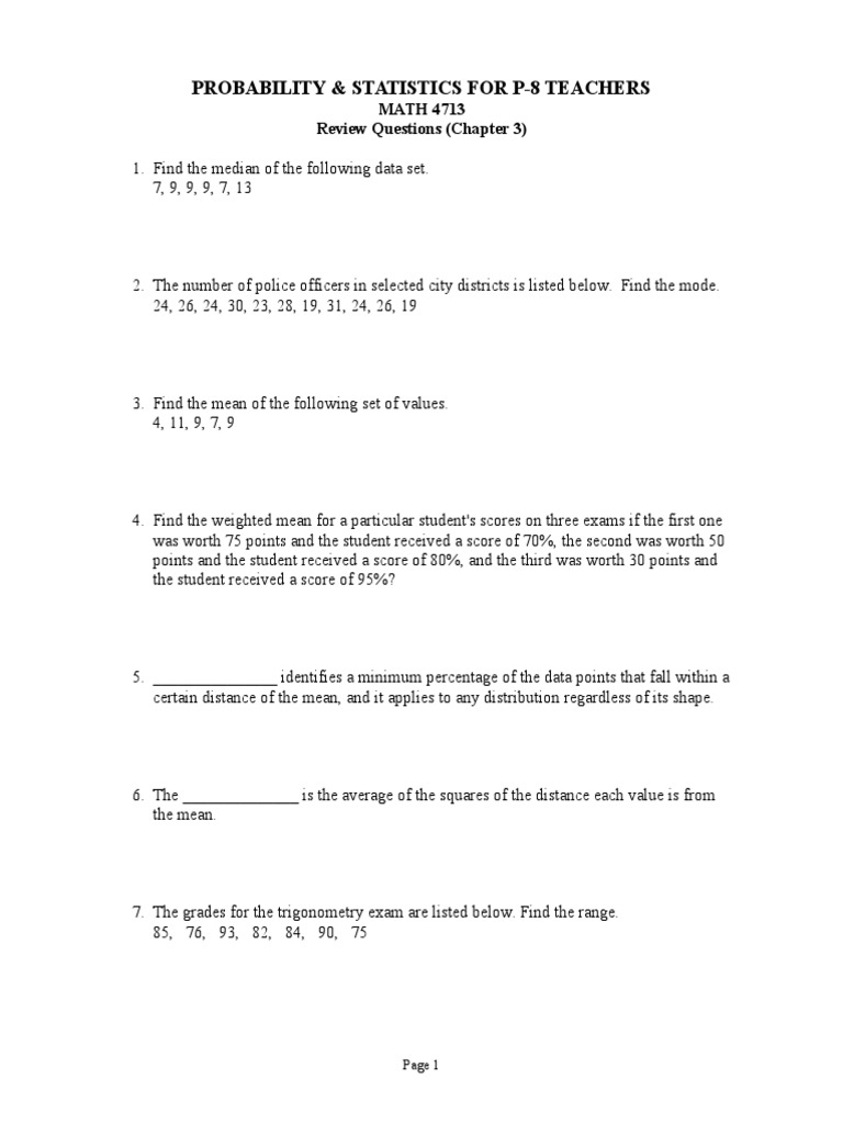 Probability & Statistics For P-8 Teachers: MATH 4713 Review Questions ...