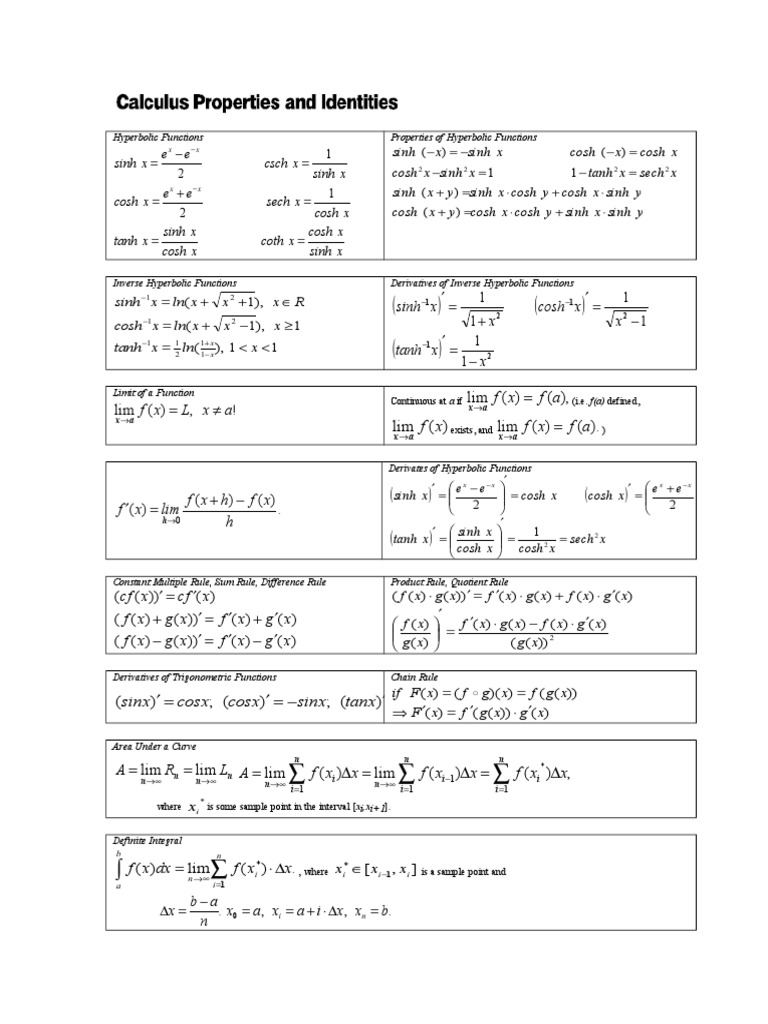 Calculus Properties and Identities | PDF | Trigonometric Functions ...