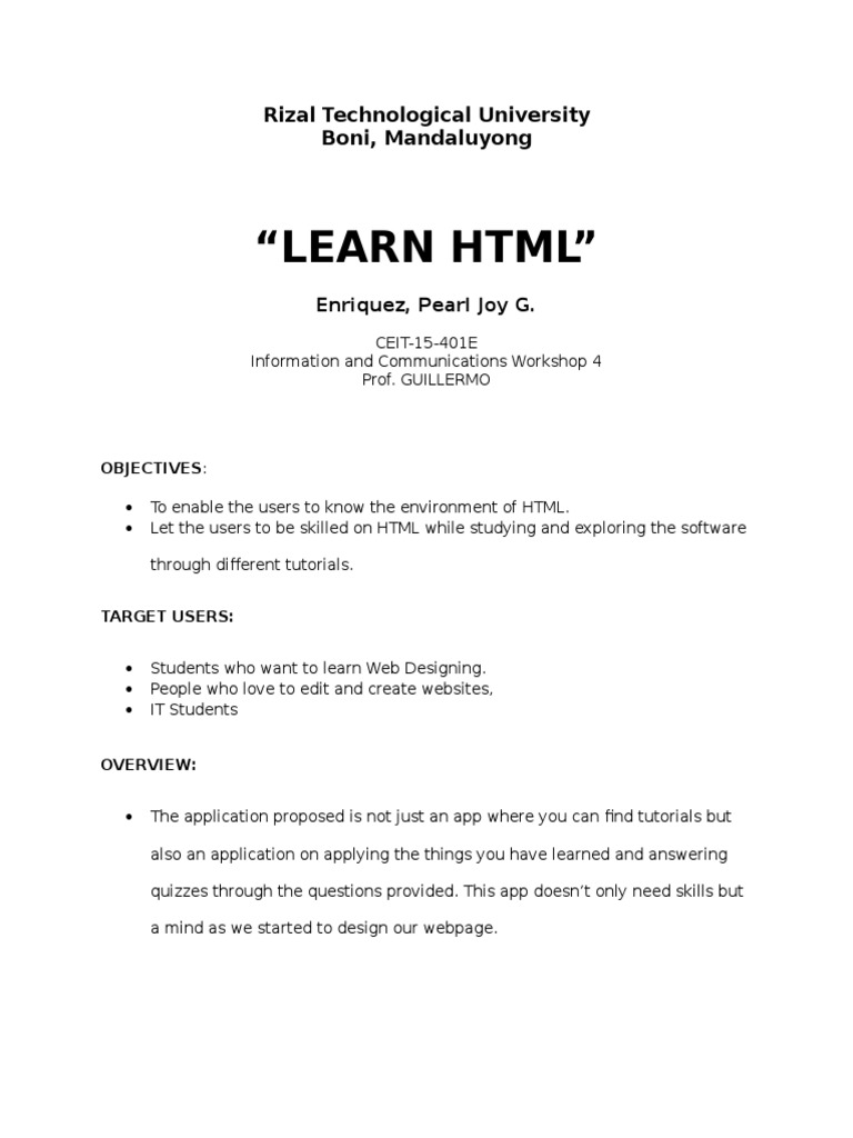 "Learn HTML": Rizal Technological University Boni, Mandaluyong | PDF