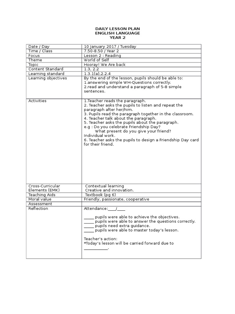 Year 2 English Lesson Plans Overview | PDF | Career & Growth
