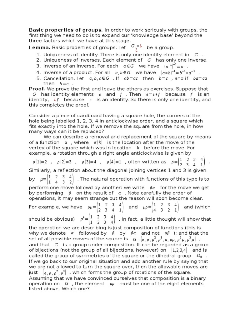 Basic Properties of Groups | PDF | Group (Mathematics) | Algebraic ...