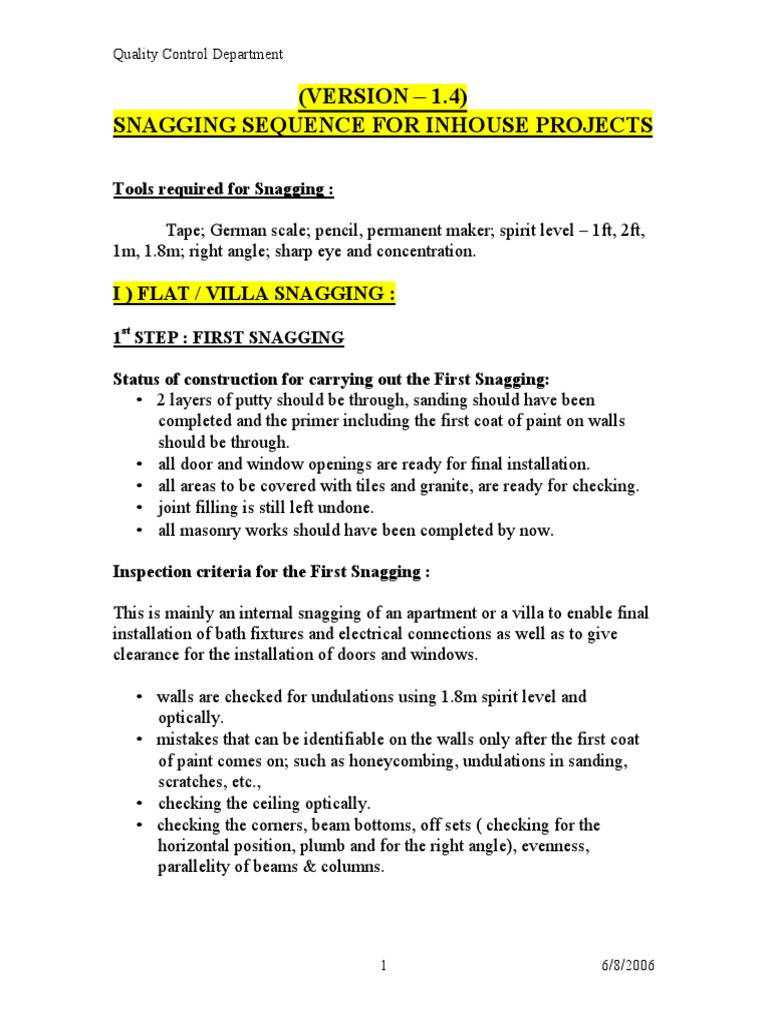 Snagging Document - Version 1.4 | PDF | Bathroom | Door