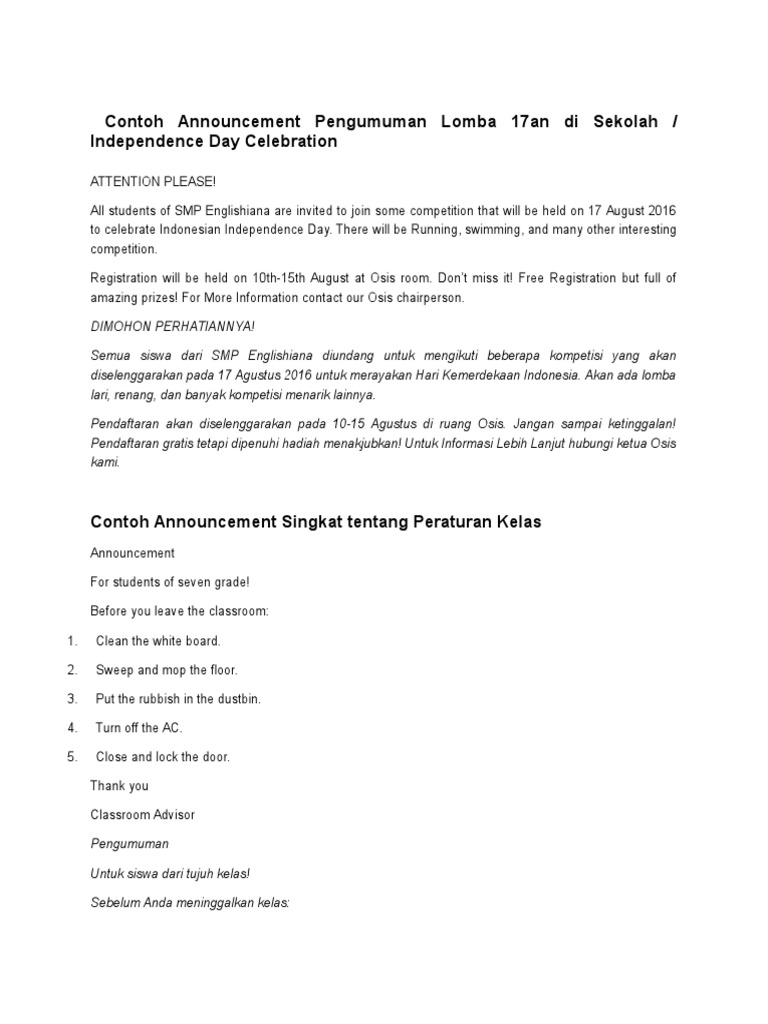 Contoh Announcement Singkat Dalam Bahasa Inggris
