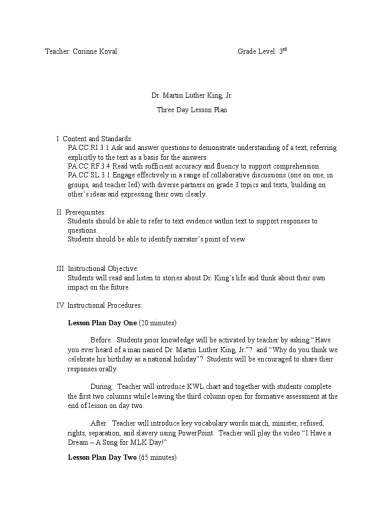 MLK Lesson Plan | PDF | Lesson Plan | Cognition