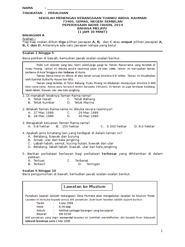 Soalan Akhir Tahun BM Peralihan | PDF