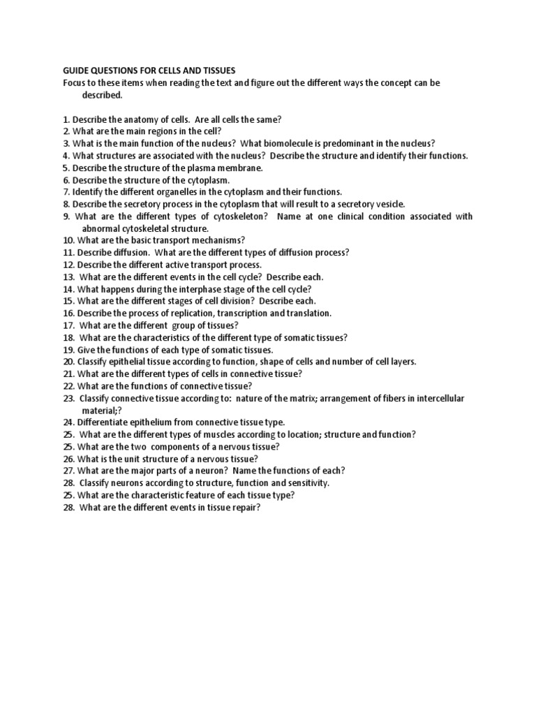 Guide Questions For Cells and Tissues | PDF
