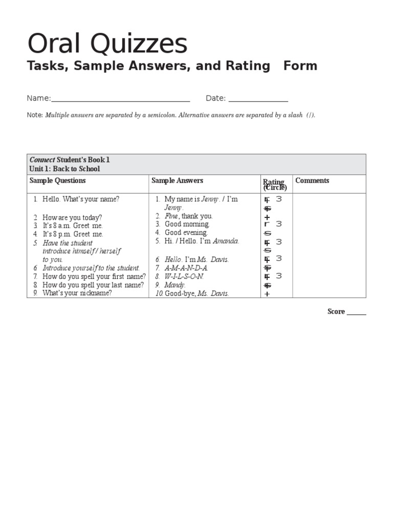 Oral Quizzes: Tasks, Sample Answers, and Rating Form | PDF