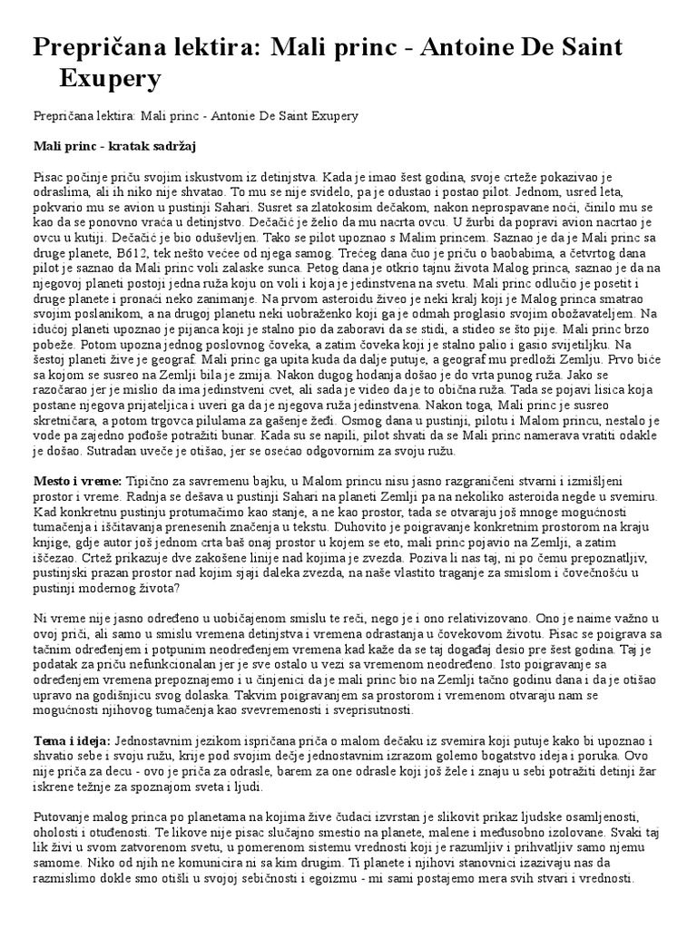 Prepričana Lektira Mali Princ | PDF