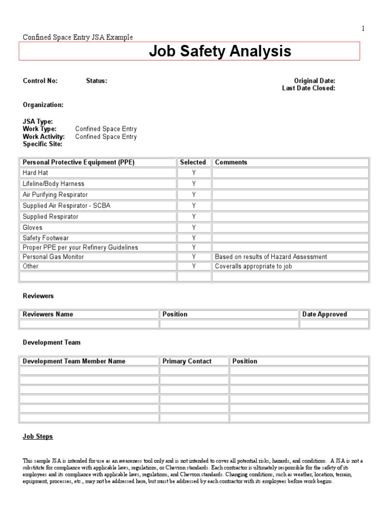 Job Safety Analysis: 1 Confined Space Entry JSA Example | PDF ...