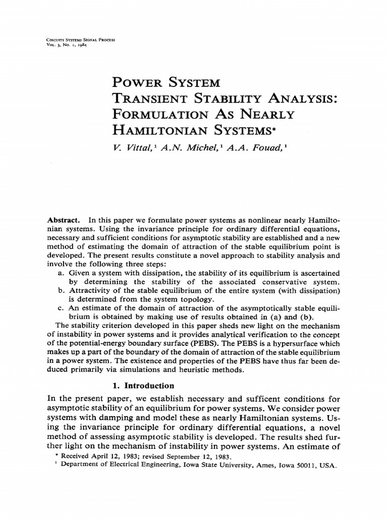 Power System Transient Stability Analysis: Formulation As Nearly Hamiltonian Systems | Download ...