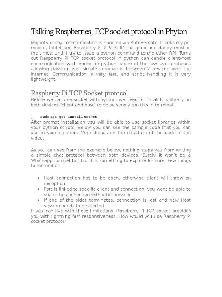 Talking Raspberries, TCP Socket Protocol in Phyton | PDF