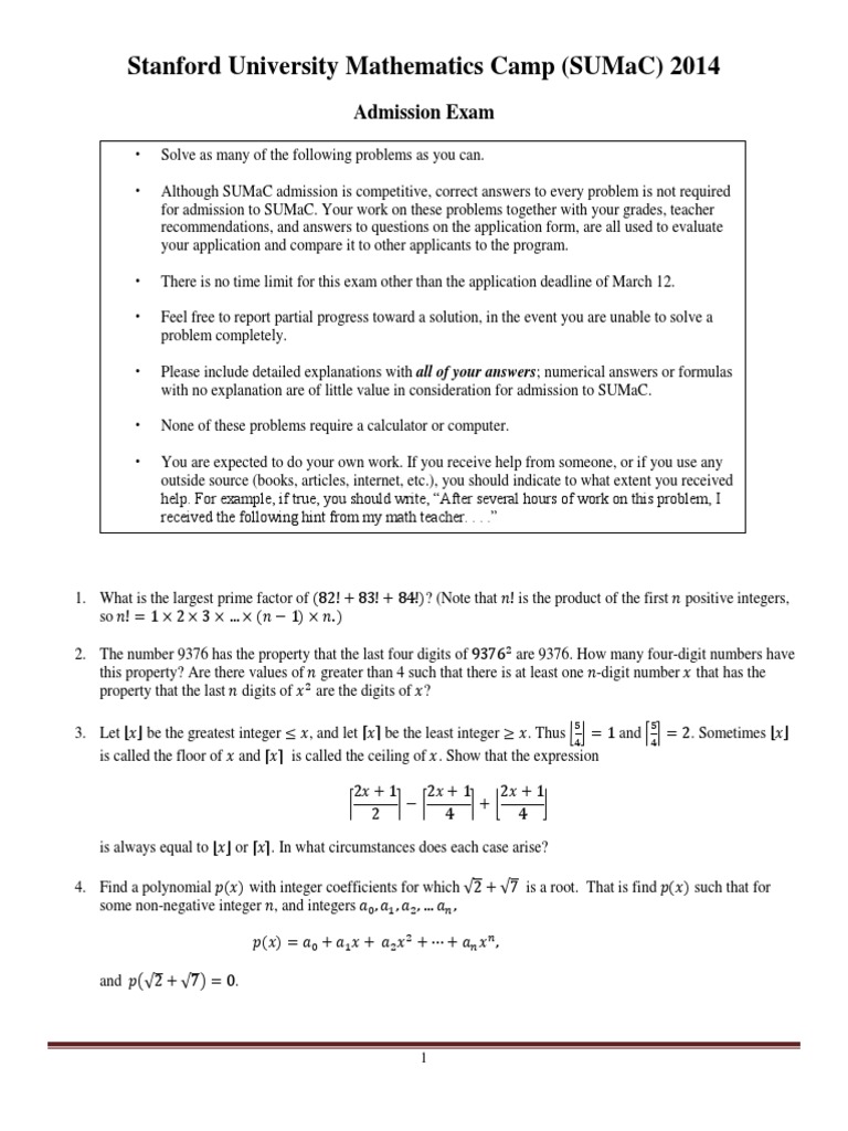 SUMaC 2014 Admission Exam Problems | PDF | Polynomial | Zero Of A Function