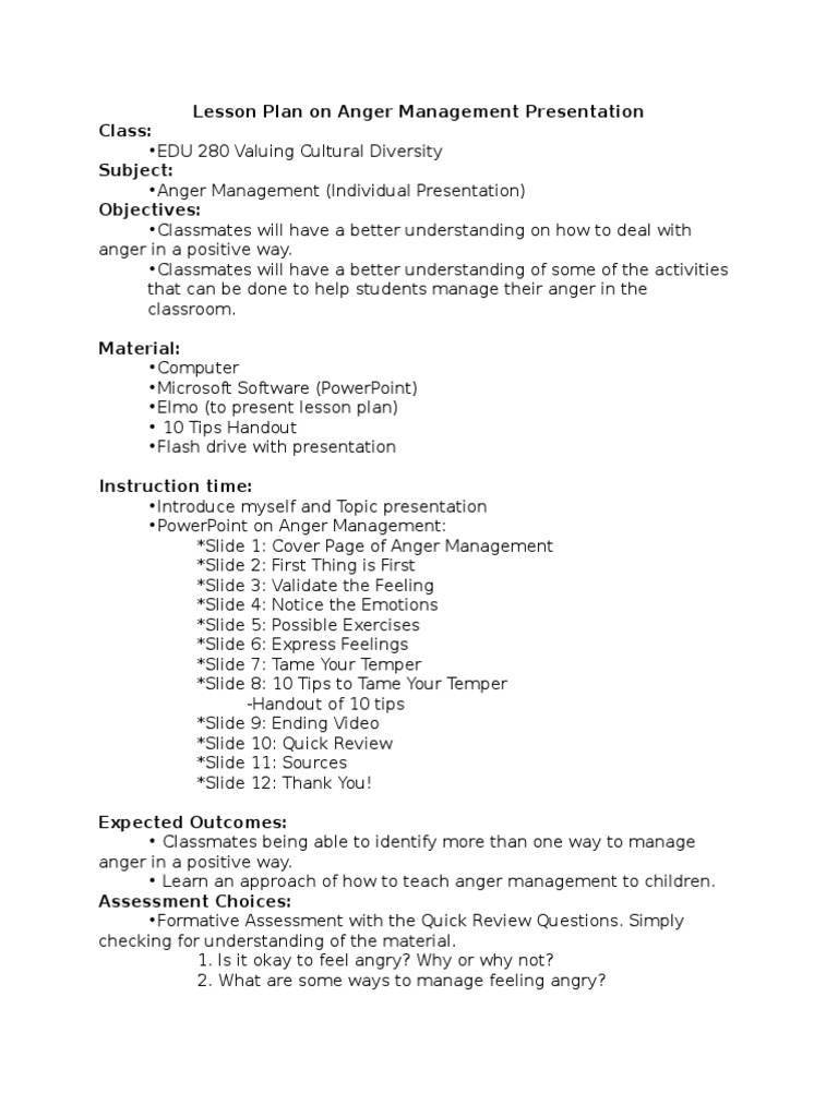 Lesson Plan On Anger Management Presentation | PDF | Anger | Lesson Plan