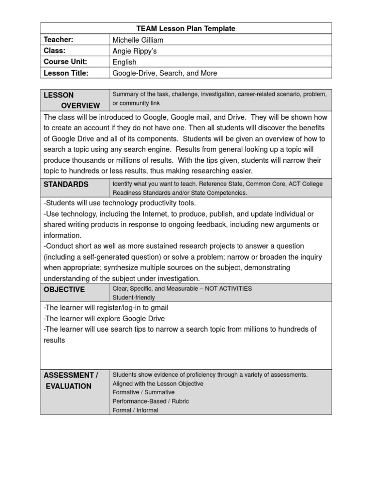 TEAM Lesson Plan Template Teacher: Class: Course Unit: Lesson Title ...
