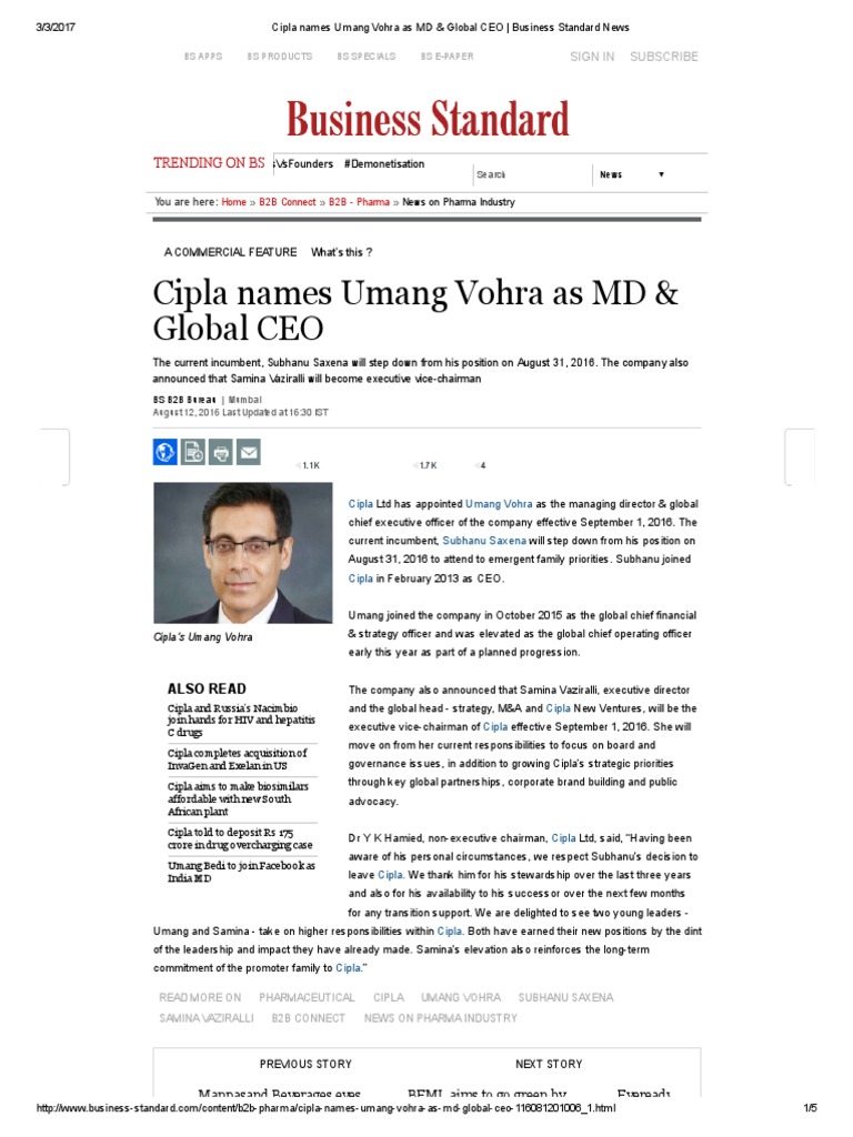Cipla Names Umang Vohra As MD & Global CEO - Business Standard News ...