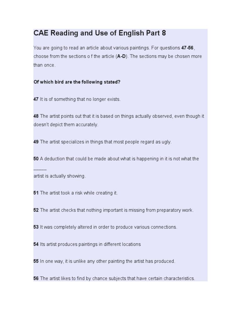 CAE Reading and Use of English Part | PDF | Watercolor Painting | Paintings