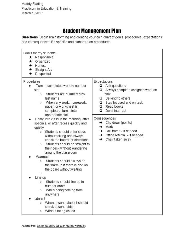 Student Management Plan: Directions | PDF
