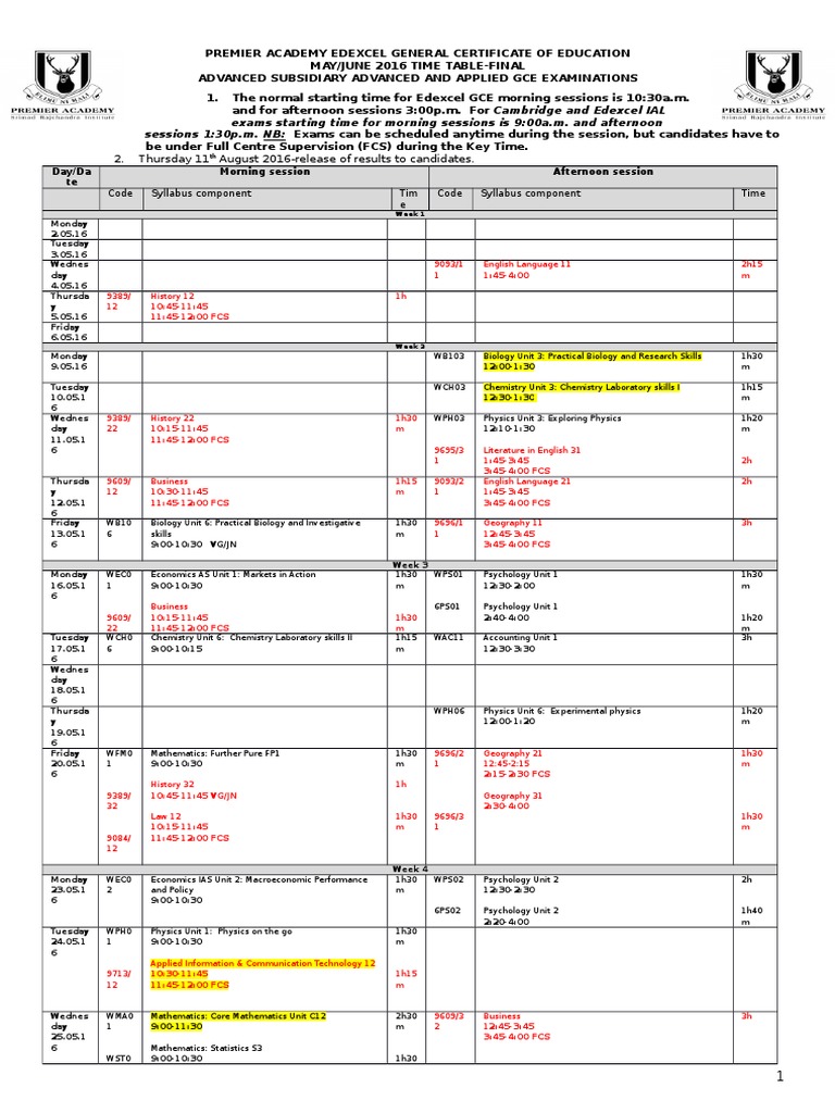 Premier Academy GCE Exam Timetable 2016 | PDF | Science | Further Education