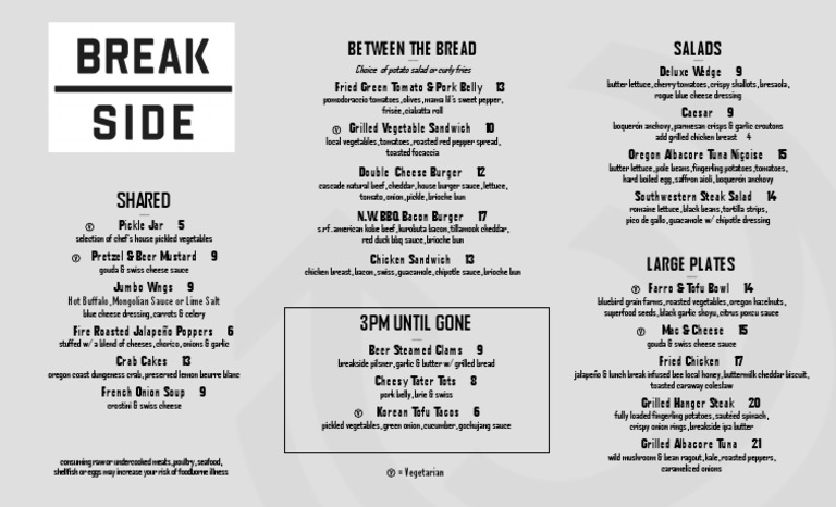Breakside Brewery Slabtown Food Menu, 3.6.17 | Salad | Hamburgers