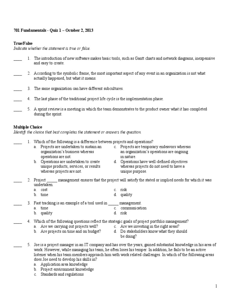Quiz 1 - Answers | Project Management | Software Development Process