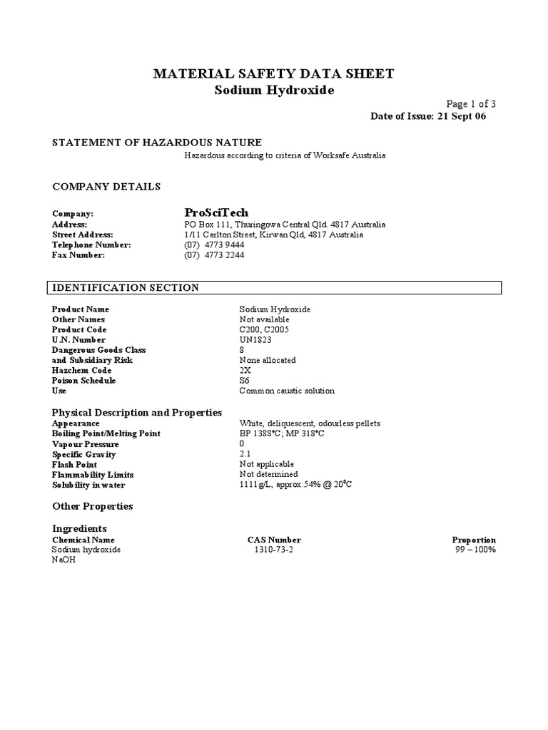 Msds Sodium Hydroxide PDF | PDF | Sodium Hydroxide | Dangerous Goods