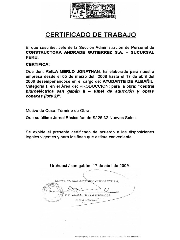 Certificado Constructora Andrade | PDF