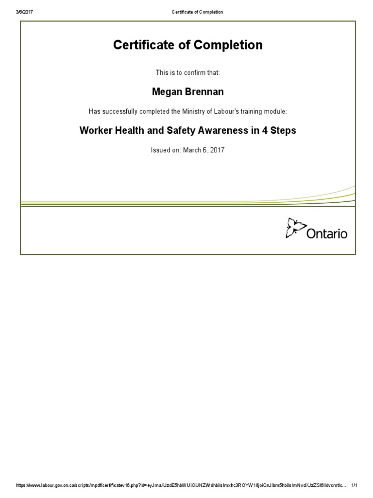 Megan Brennan Worker Health and Safety Awareness Certificate | PDF ...