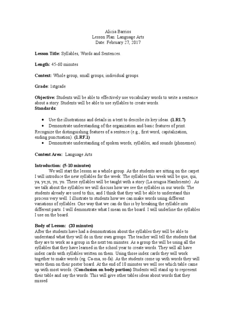 Lesson Plan - Language Arts Feb 27 | PDF | Syllable | Word