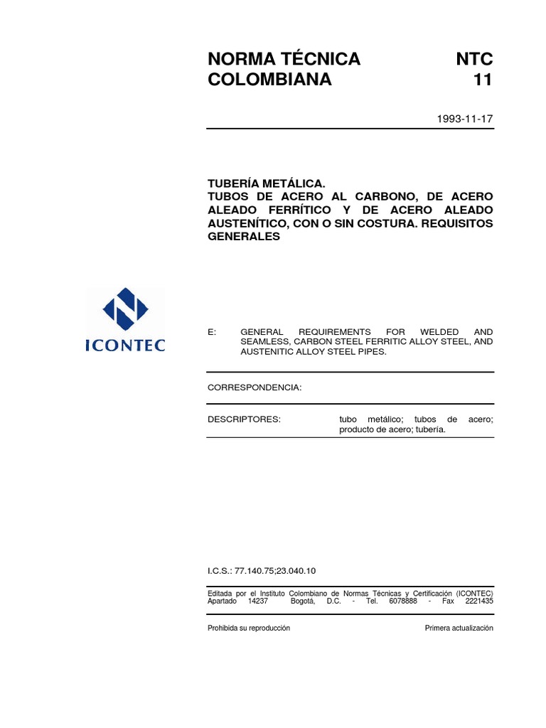 Requisitos para Tubería Metálica NTC 11 | PDF | Acero | Pulgada