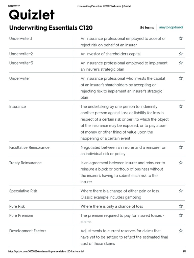 Underwriting Essentials C120 Flashcards _ Quizlet | Reinsurance | Underwriting