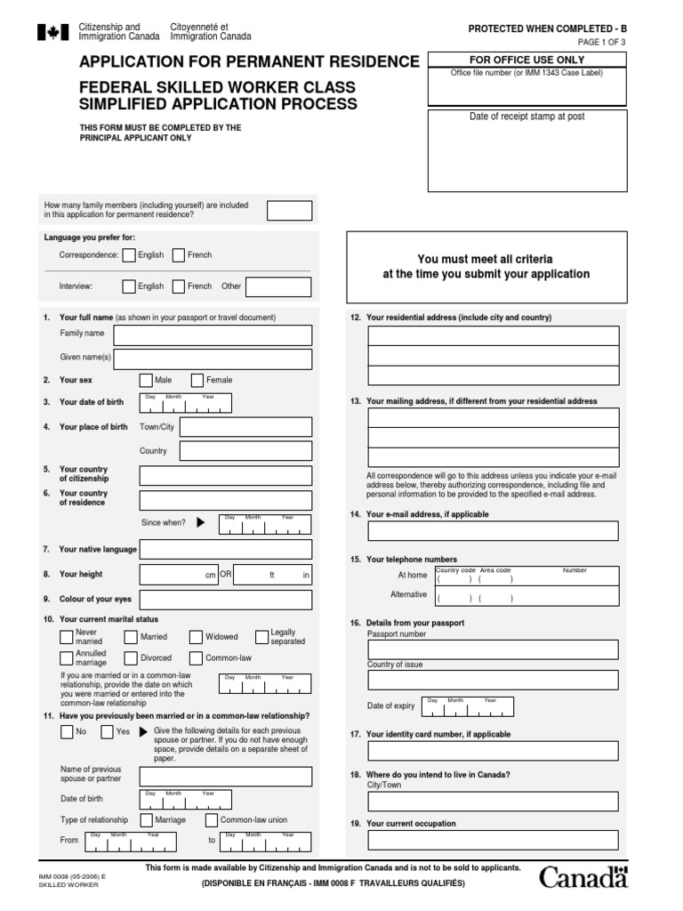 Canada Skilled Worker Visa ApplicationForm | PDF | Permanent Residence ...