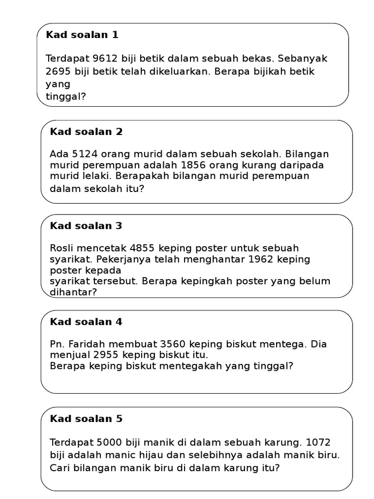 Kad Soalan Selesai Masalah Tolak | PDF