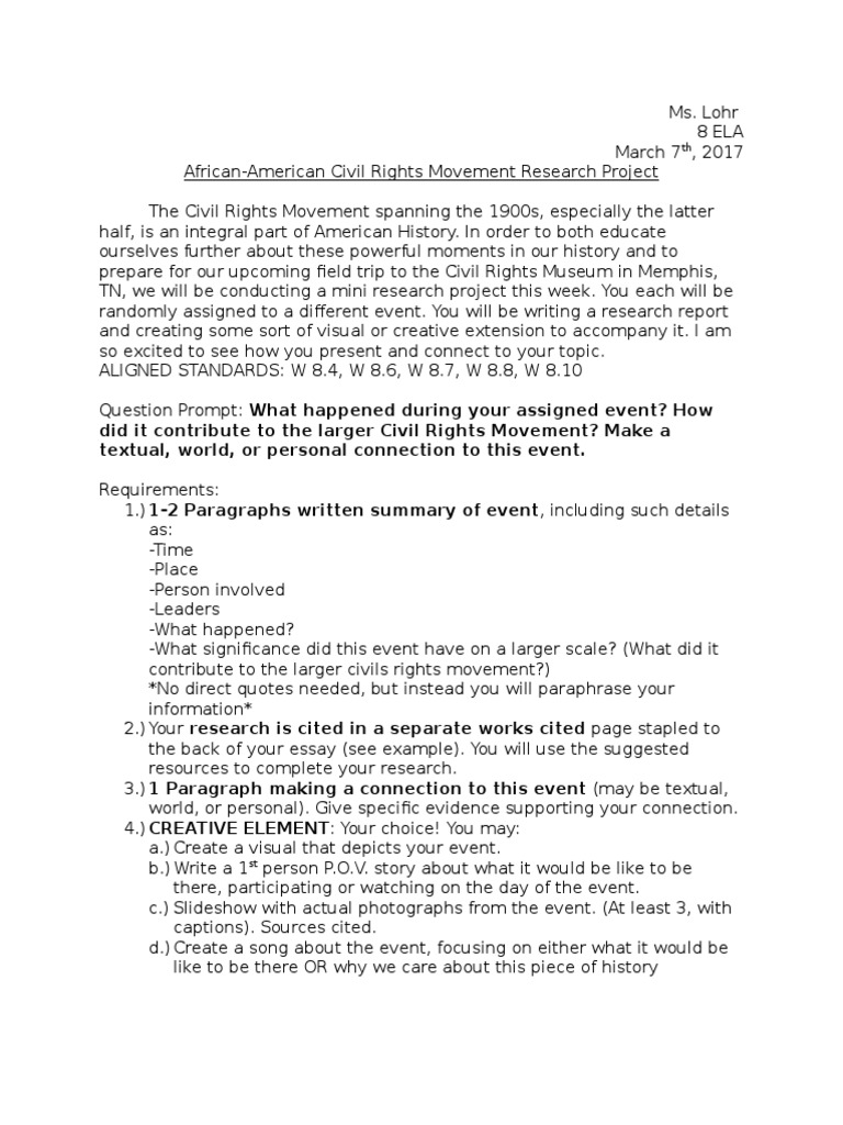 Civil Rights Movement Research Project | PDF | African American Civil ...