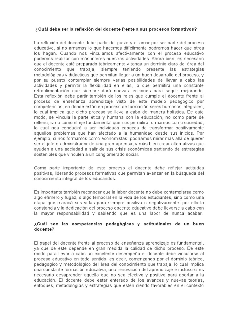 Cuál Debe Ser La Reflexión Del Docente Frente A Sus Procesos Formativos ...