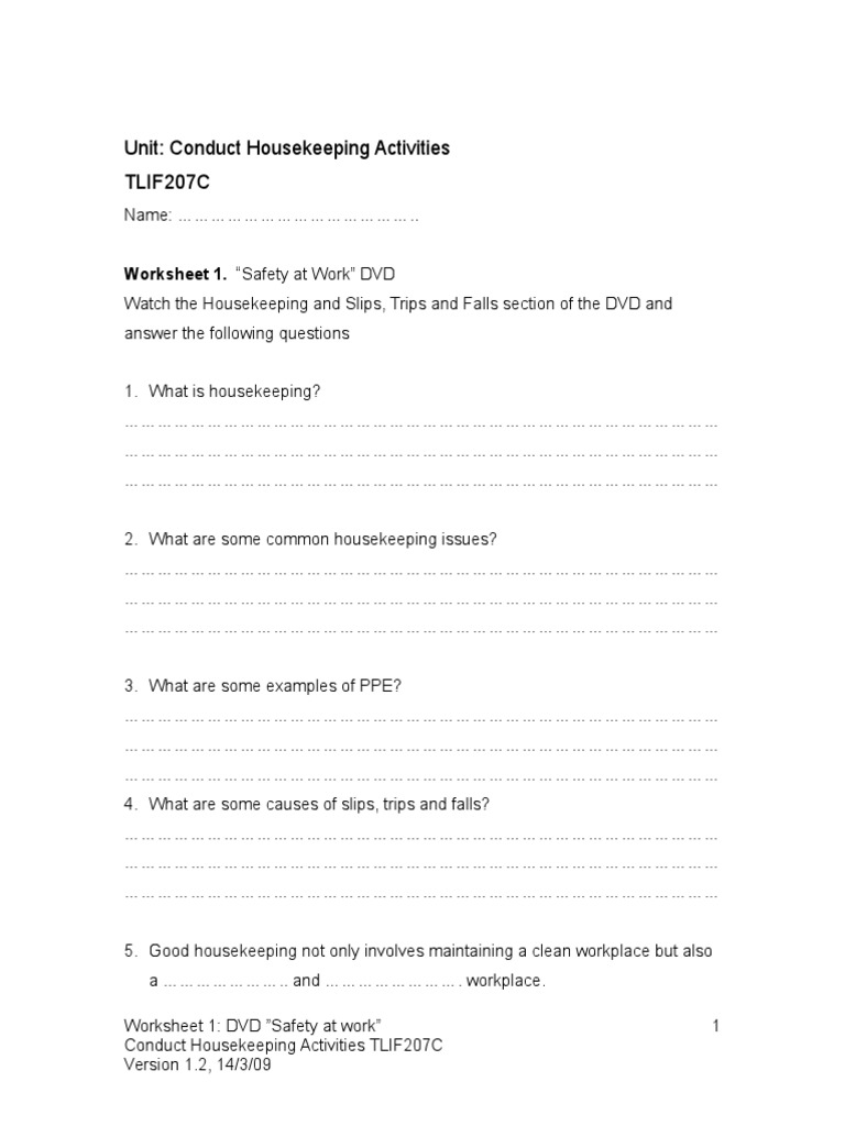 Housekeeping Worksheet 1a | PDF