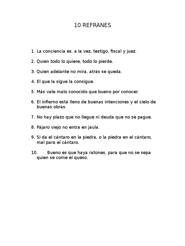 Diez refranes populares y su significado | PDF | Cocina, comidas y vino ...