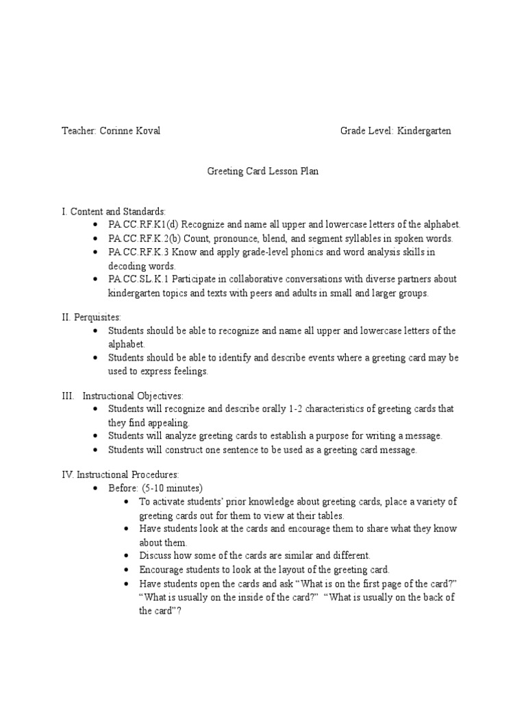 Kindergarten Greeting Card Lesson | PDF | Phonics | Lesson Plan