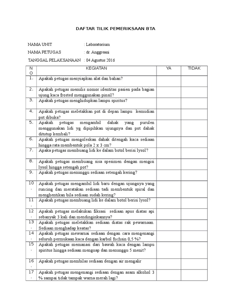 Daftar Tilik Pemeriksaan Bta | PDF
