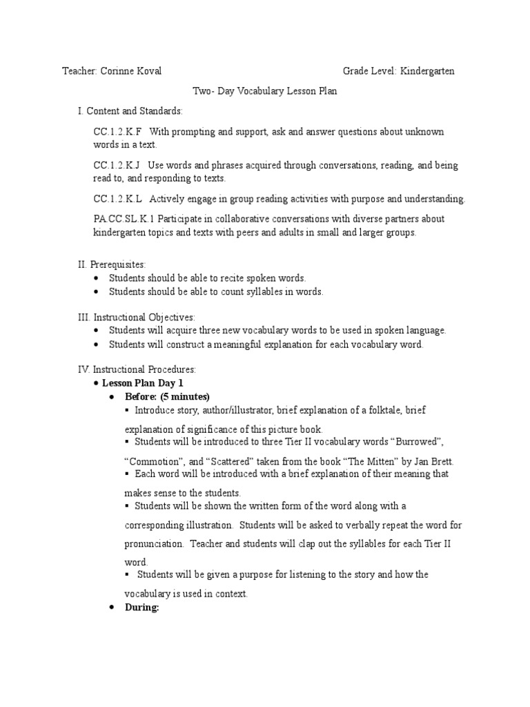 Two Day Vocabulary Lesson Plan | PDF | Vocabulary | Reading Comprehension