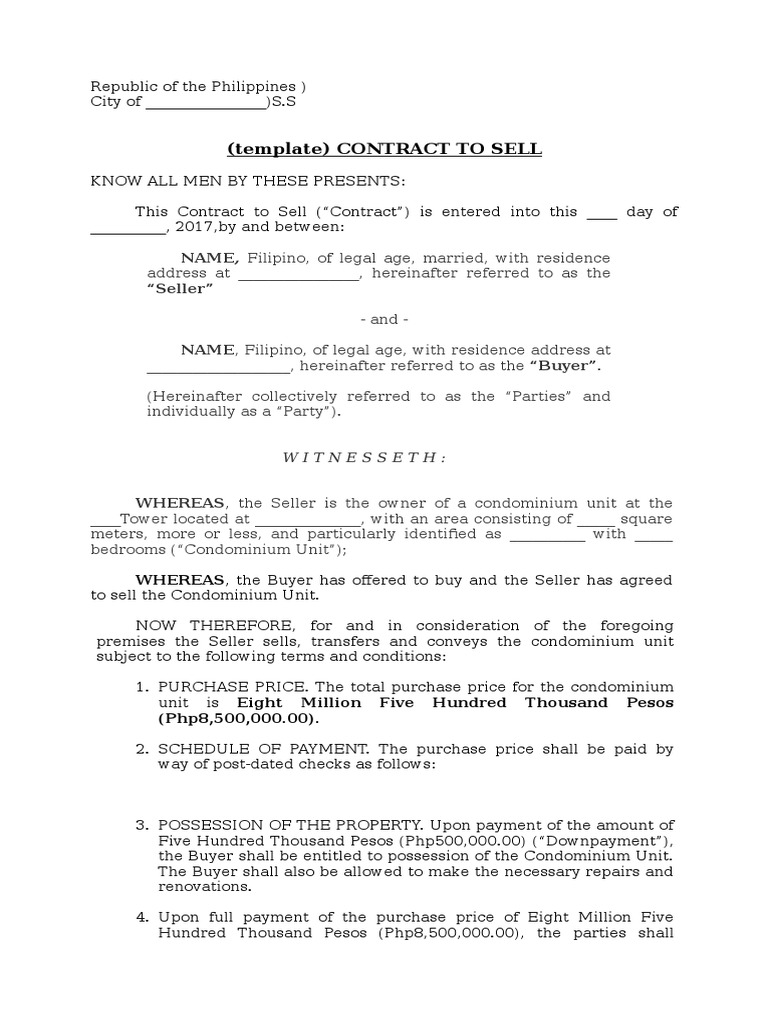 Template - Contract To Sell | PDF | Condominium | Taxes