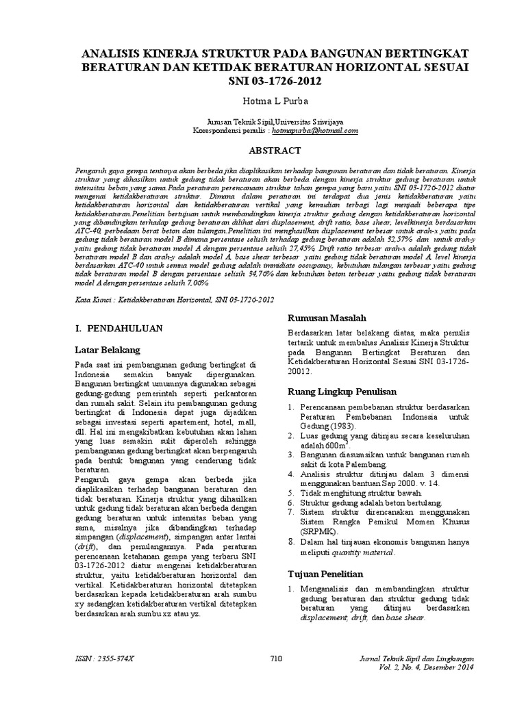 Analisis Kinerja Struktur Pada Bangunan Bertingkat Beraturan Dan Ketidakberaturan Horizontal ...