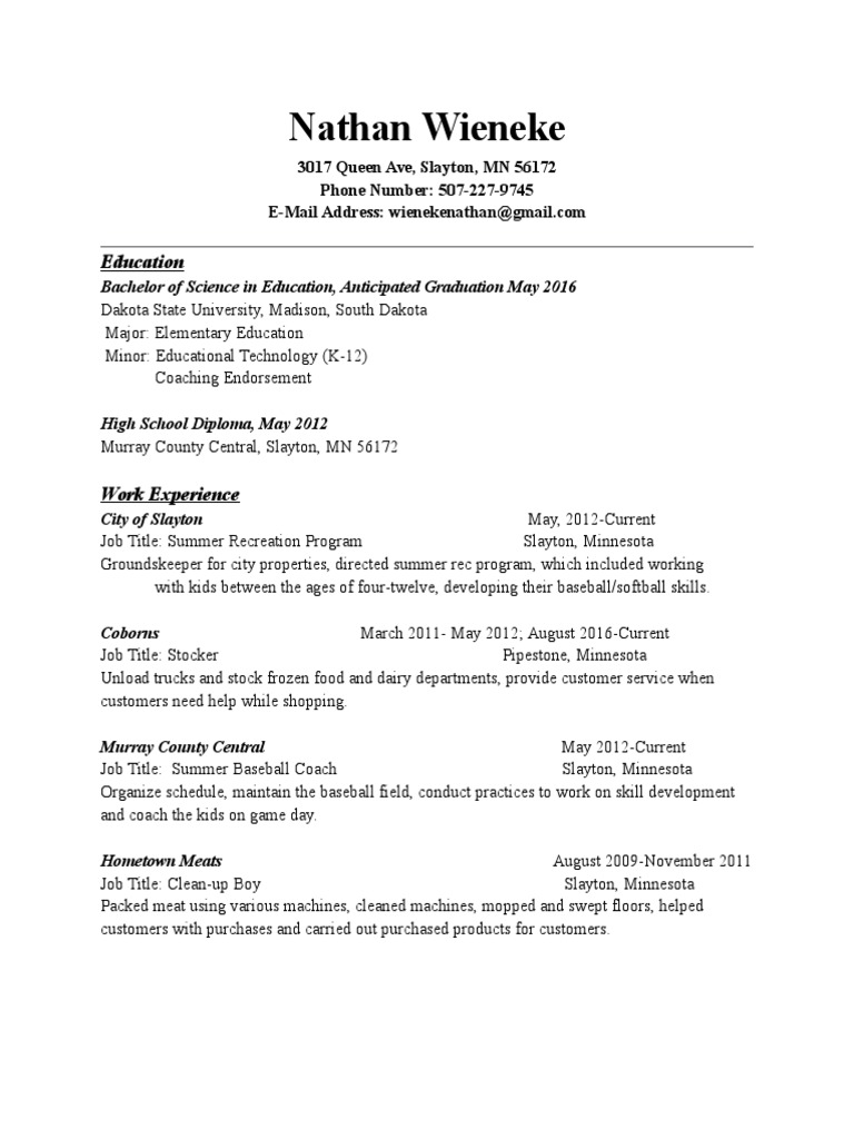 Nathan Wieneke - Resume Final | PDF | Teachers | Learning