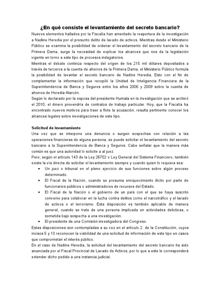 En Qué Consiste El Levantamiento Del Secreto Bancario | PDF | Bancos | Lavado de dinero