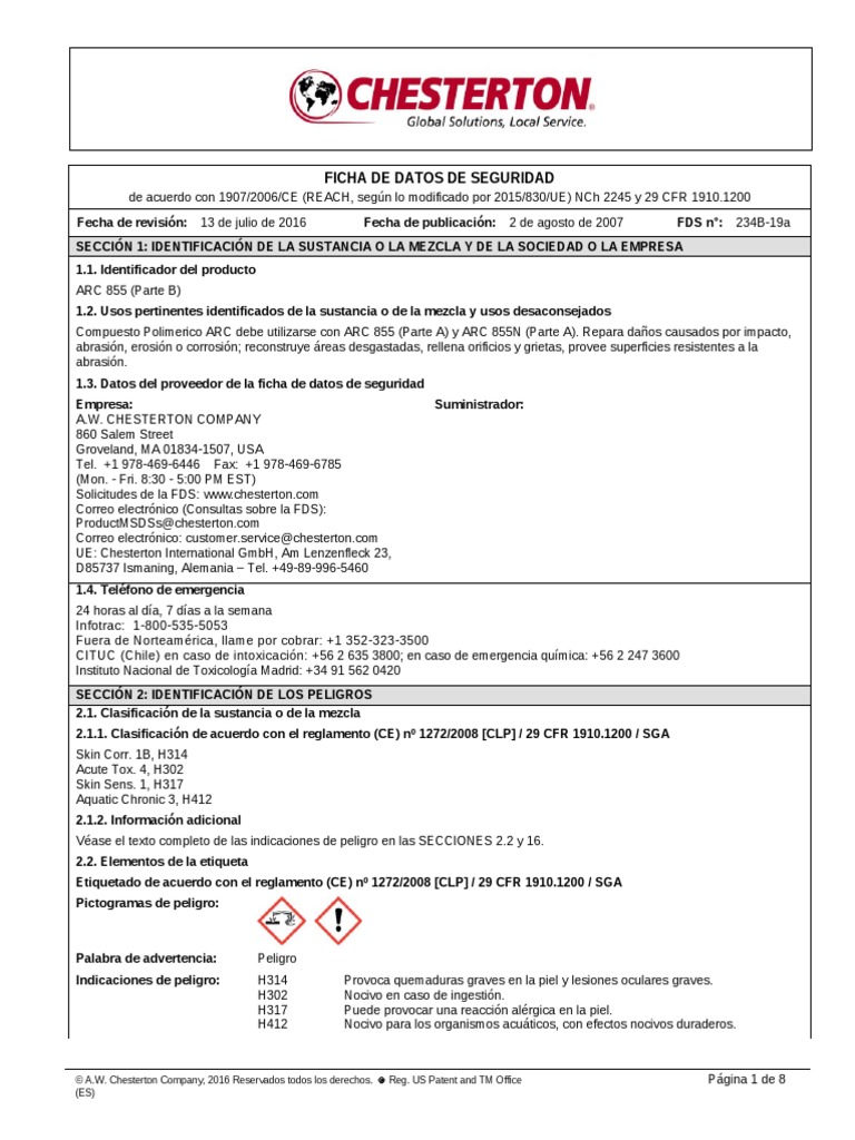 Compuesto Cerámico ARC 855 Chesterton PARTE B PDF | PDF | Agua | Toxicidad