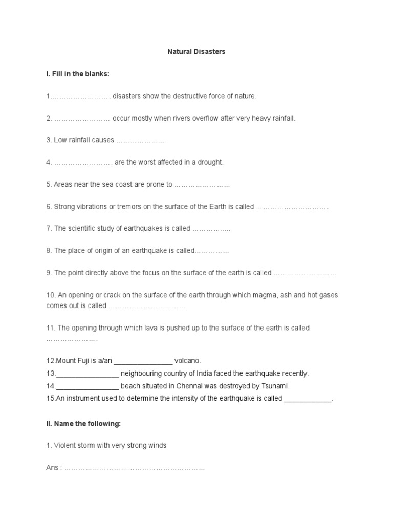 Natural Disasters I. Fill in The Blanks | PDF