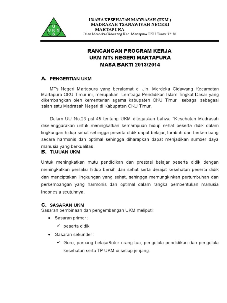 Program Kerja UKS Mts Negeri Martapura | PDF