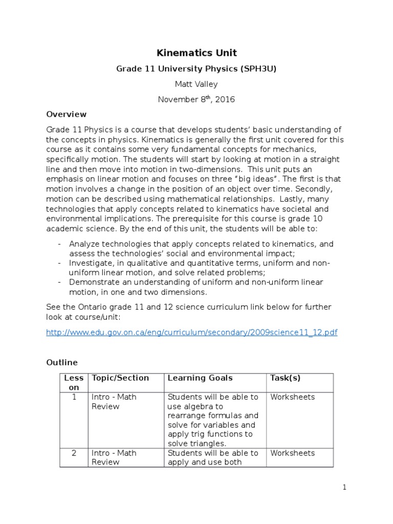 Unit Plan - Kinematics - Sph3u | PDF | Velocity | Acceleration