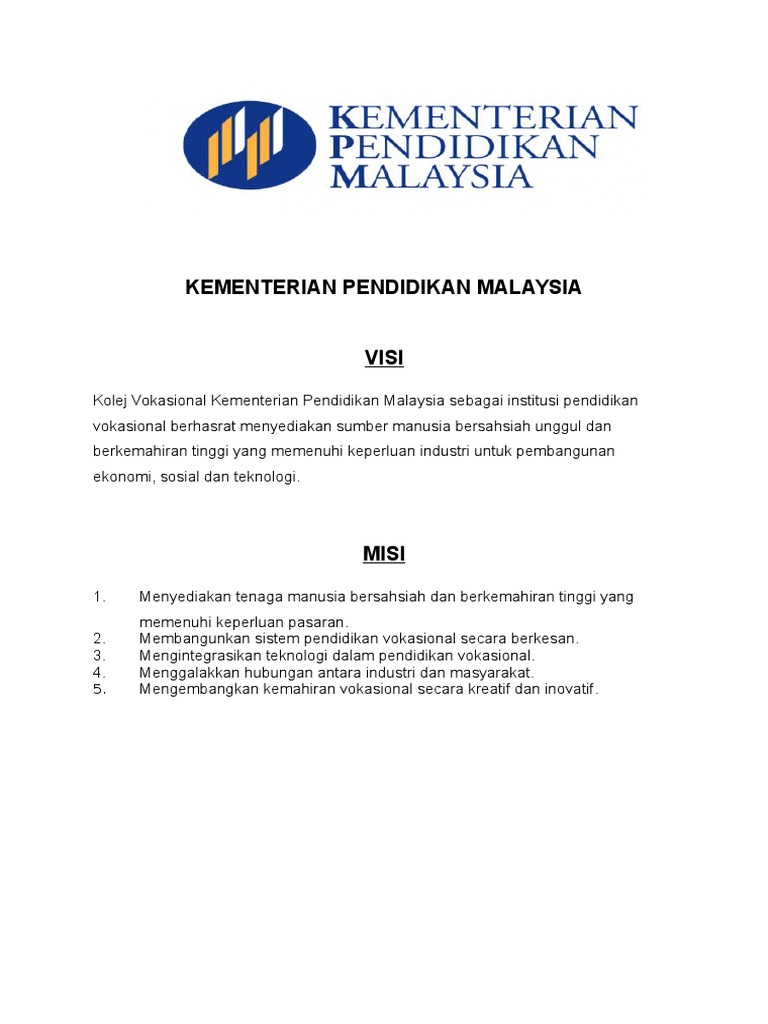 1.2. Visi Misi Kolej Vokasional KPM | PDF
